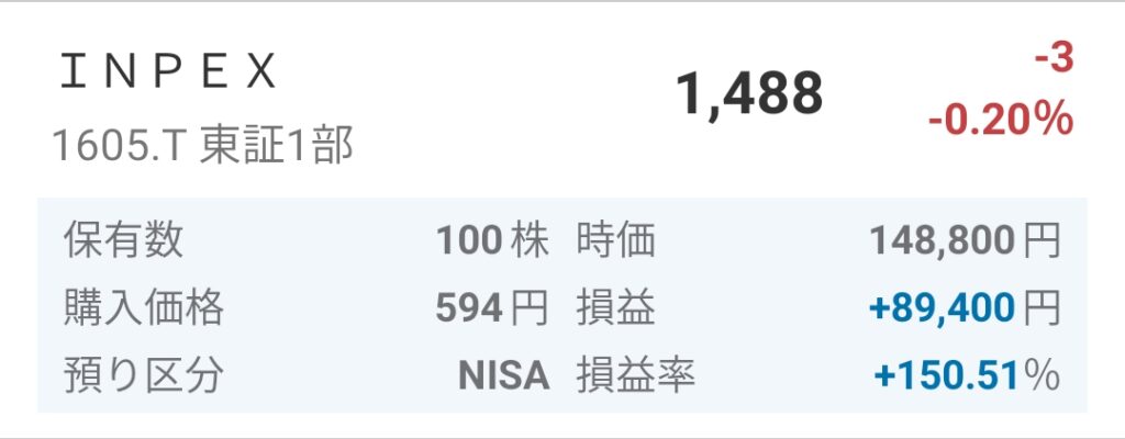 【INPEX（1605）】INPEXの配当が入ります！現在の株価は1,488円です♪